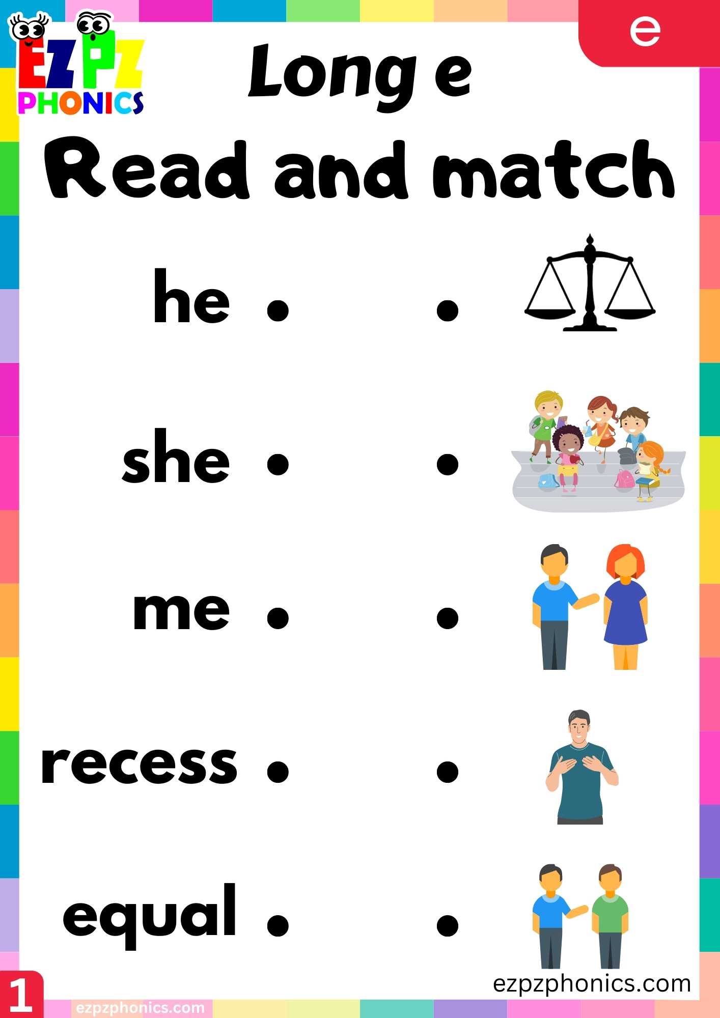 E Words Read And Match Long E Phonics Worksheet - ezpzphonics.com